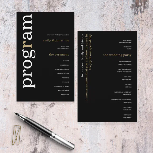 BUDGET White Gold Text Black Wedding Program | Zazzle