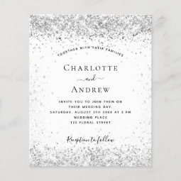 Budget white silver glitter wedding invitation | Zazzle