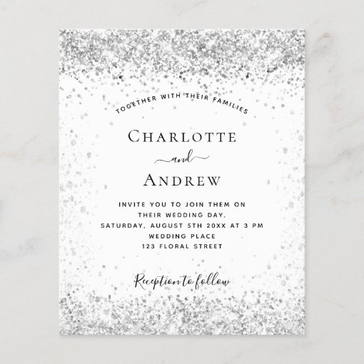 Budget white silver glitter wedding invitation | Zazzle
