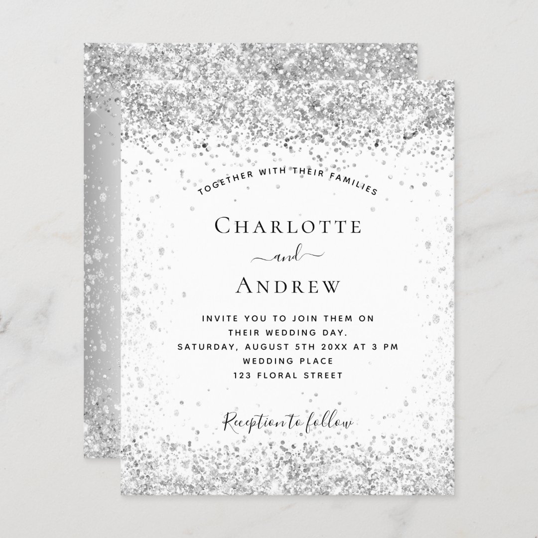 Budget white silver glitter wedding invitation | Zazzle