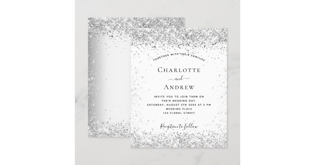 Budget white silver glitter wedding invitation | Zazzle