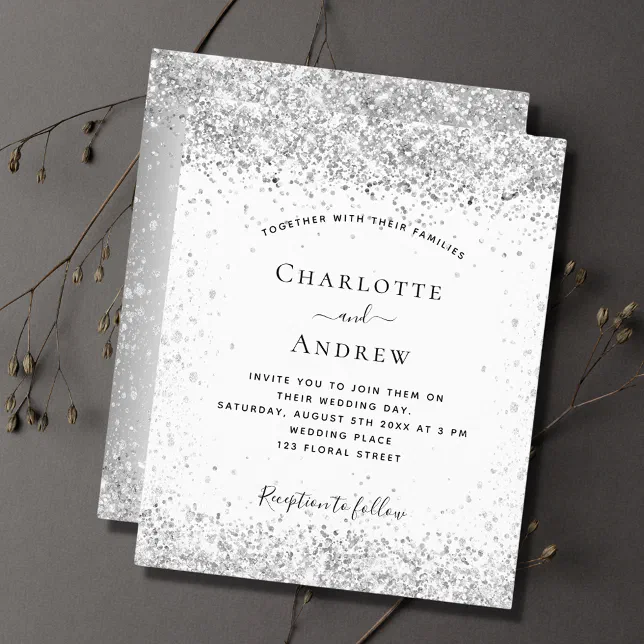 Budget white silver glitter wedding invitation | Zazzle