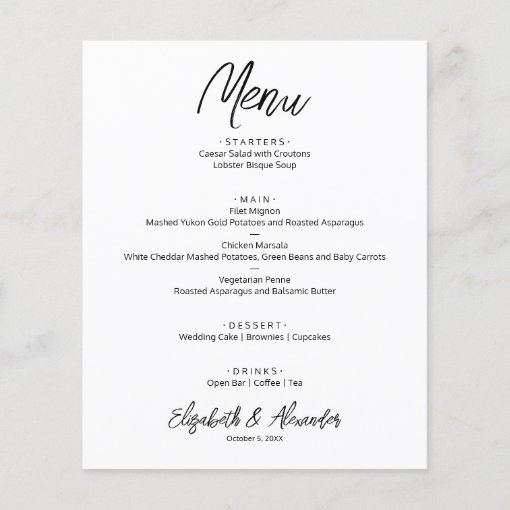 Budget White Wedding Menu Flyer | Zazzle