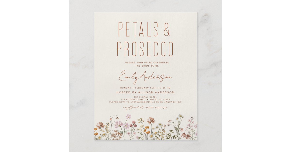 Budget Wildflower Petals & Prosecco Bridal Shower Flyer | Zazzle
