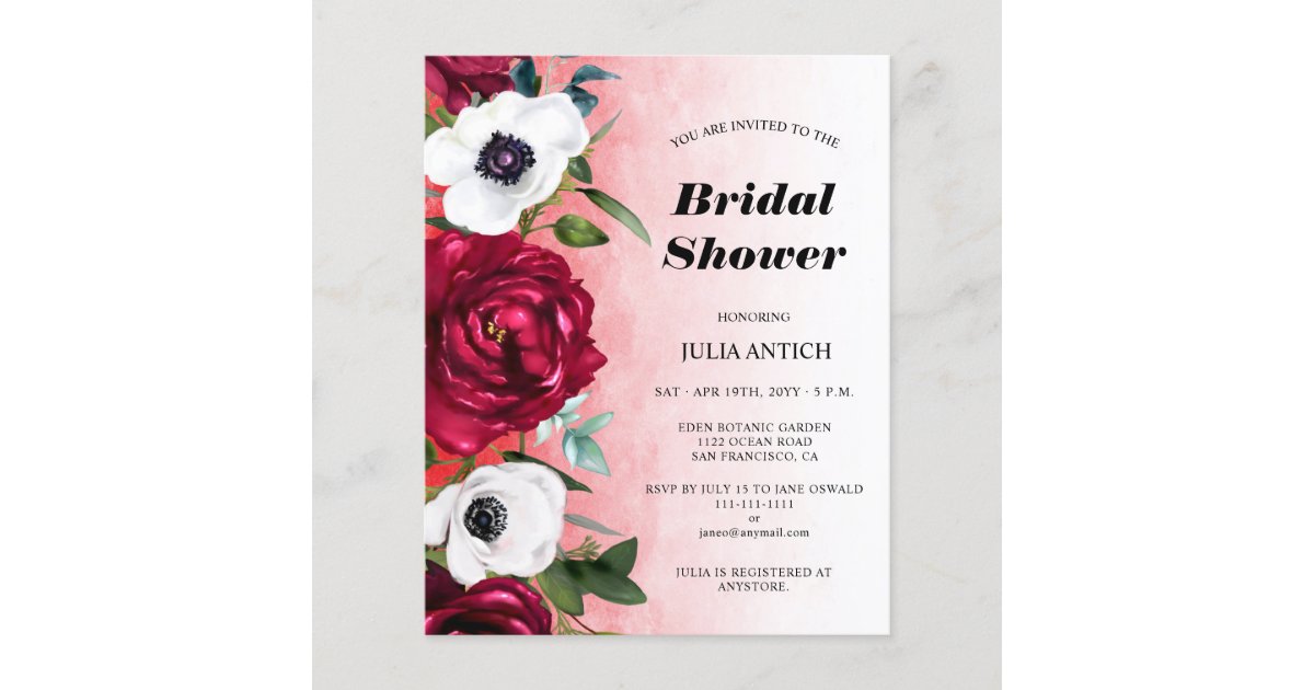 Budget Wine Red Floral Bridal Shower Invitation | Zazzle
