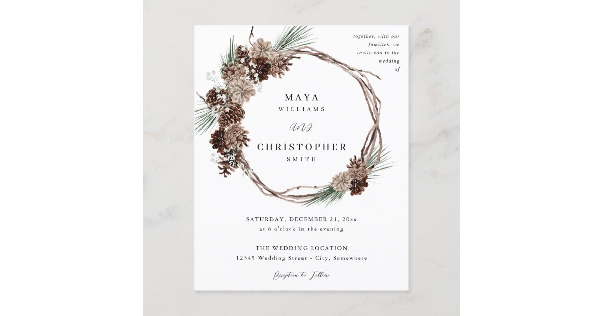 Budget Winter White Floral & Pine Wedding Wreath Flyer | Zazzle