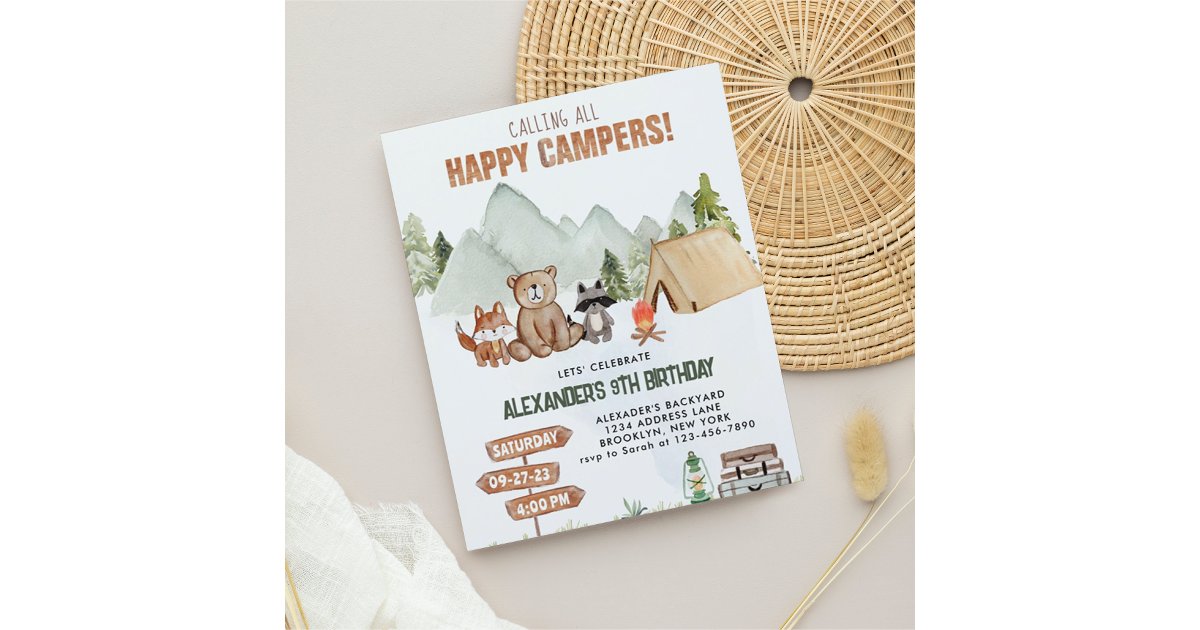 Budget Woodland Happy Camper Camping Kids Birthday | Zazzle