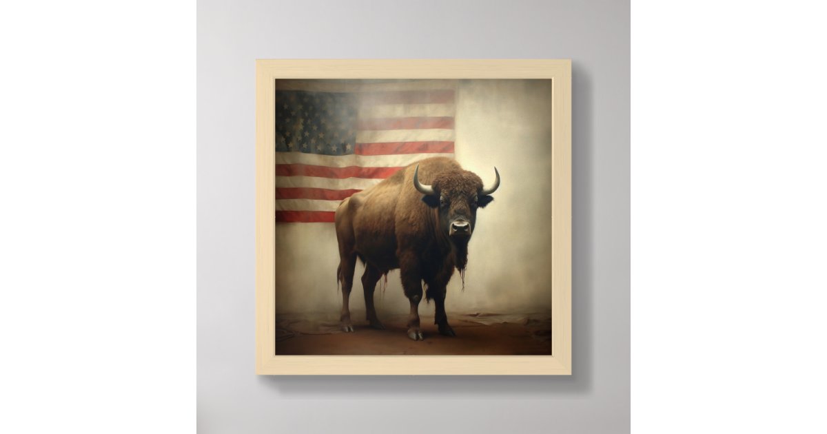 Buffalo (Bison) in front of a flag Framed Art | Zazzle