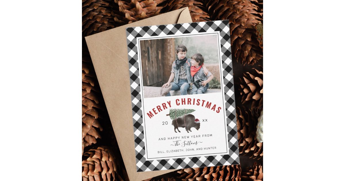 Buffalo Bison Merry Christmas Tree Plaid Photo Holiday Card | Zazzle