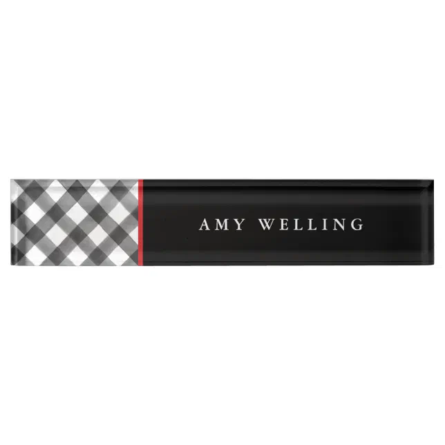 Buffalo Check Black & White Teacher Office Cubicle Desk Name Plate | Zazzle