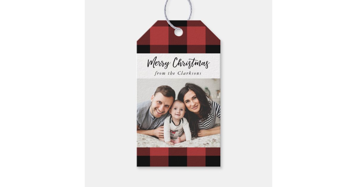 Buffalo Check Christmas Photo Gift Tag | Zazzle