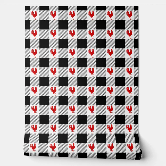 Buffalo Checks and Rooster Pattern Red Black White Wallpaper | Zazzle