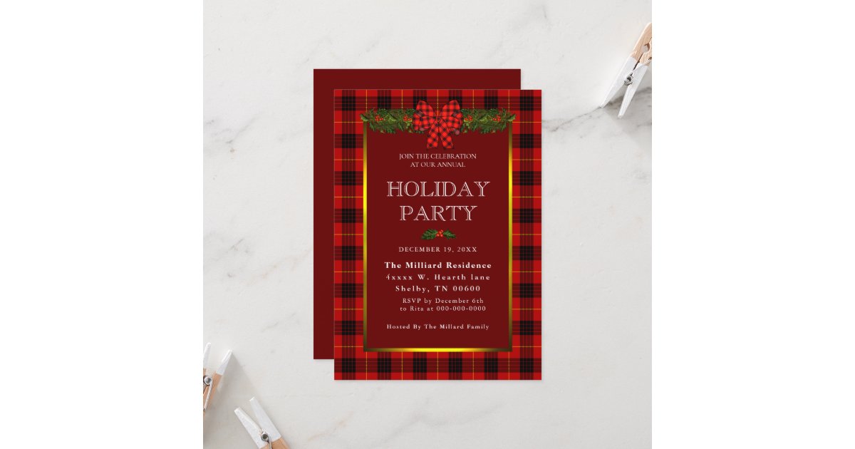 Buffalo Plaid And Garland Holiday Invitation | Zazzle