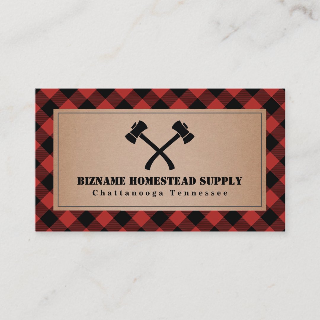 Buffalo Plaid Axe Homestead Outdoor Retail Business Card | Zazzle
