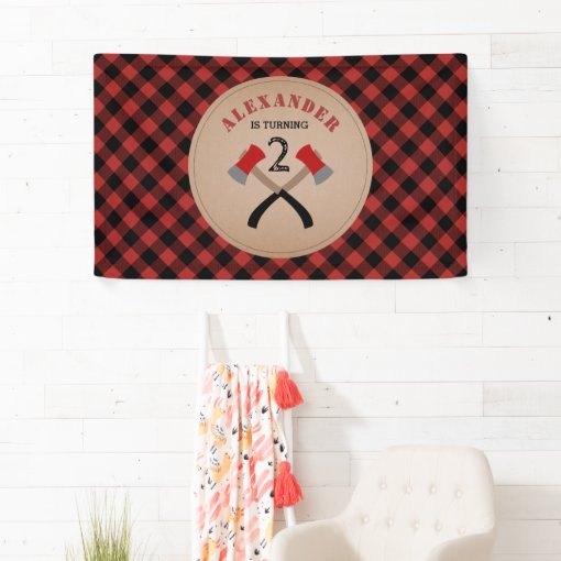 Buffalo Plaid Axe Lumberjack Birthday Banner | Zazzle