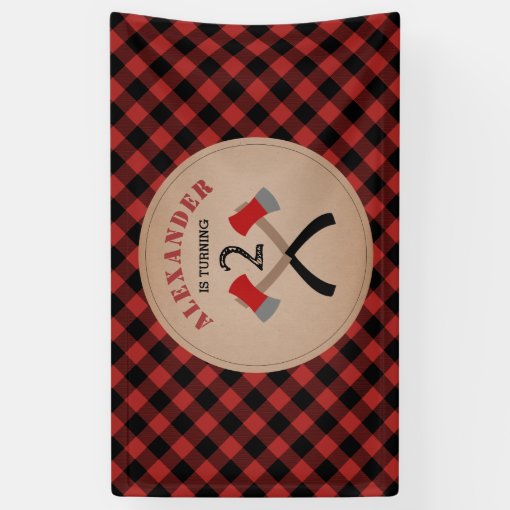 Buffalo Plaid Axe Lumberjack Birthday Banner | Zazzle