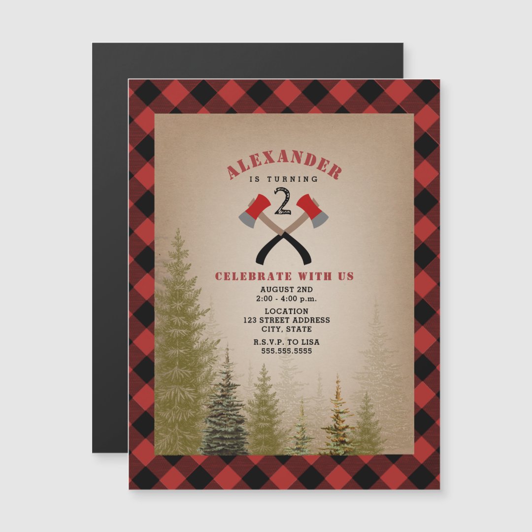 Buffalo Plaid Axe Woodland Lumberjack Birthday Magnetic Invitation | Zazzle