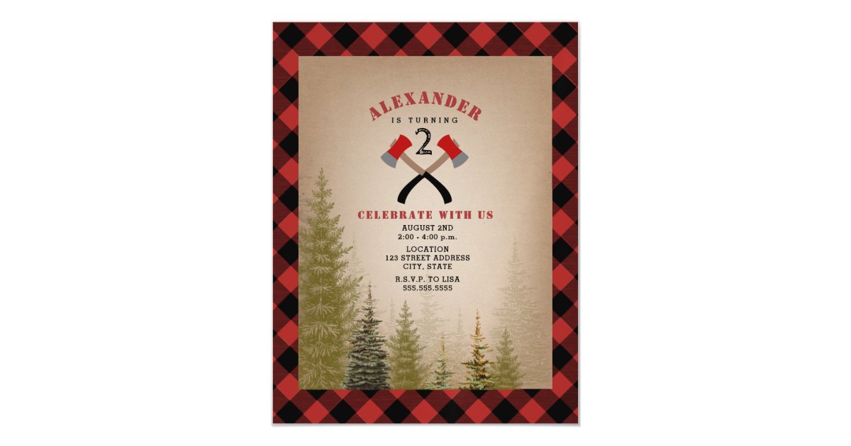 Buffalo Plaid Axe Woodland Lumberjack Birthday Magnetic Invitation ...