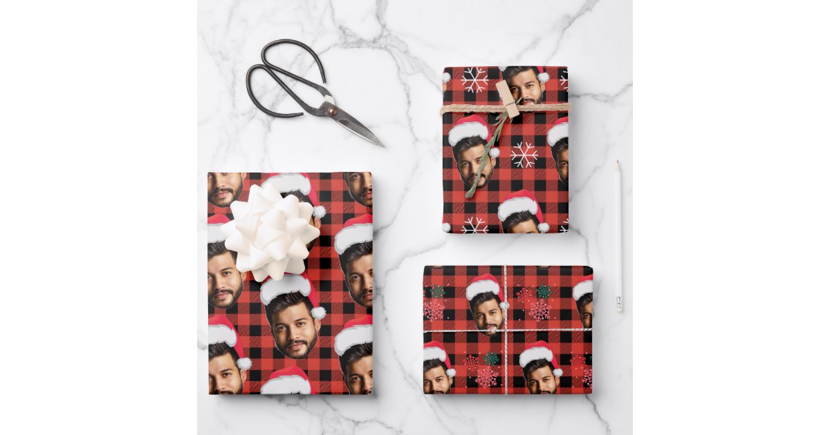 Buffalo Plaid & Funny Face Photo Santa Christmas Wrapping Paper Sheets ...