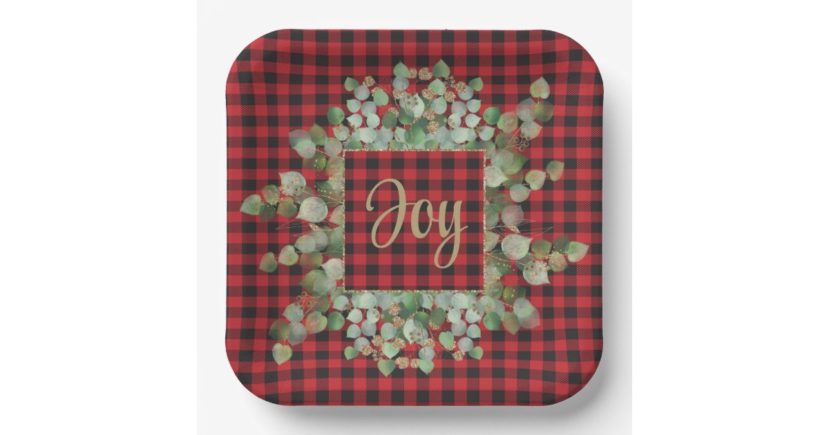 Buffalo Plaid Gold Sparkle Eucalyptus Custom Paper Plates | Zazzle