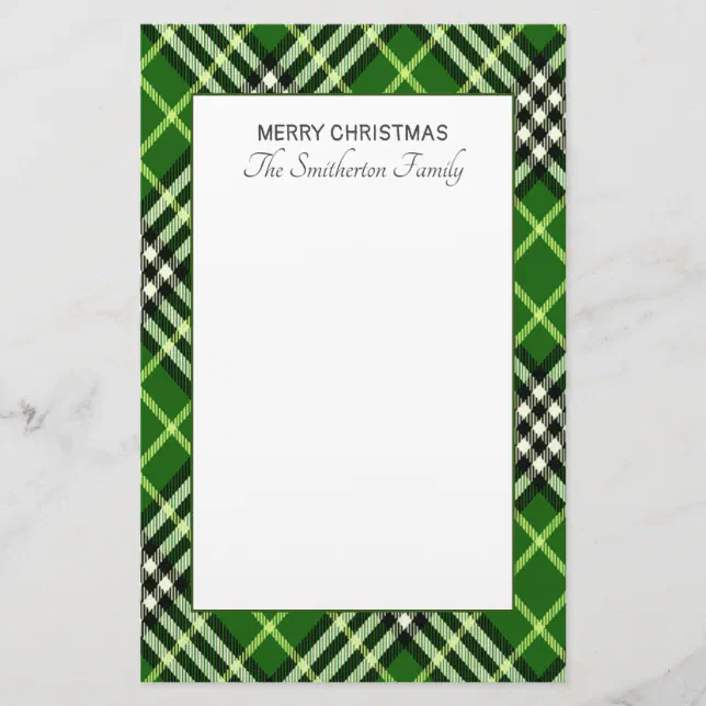Buffalo Plaid Green Black White Family Christmas Stationery | Zazzle