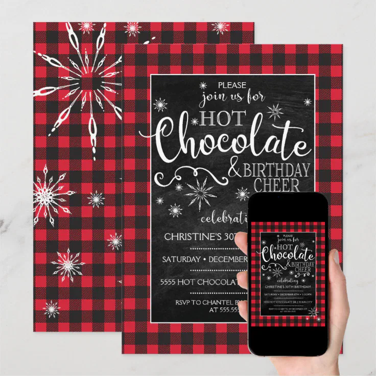 Buffalo Plaid Hot Chocolate Birthday Invitation | Zazzle