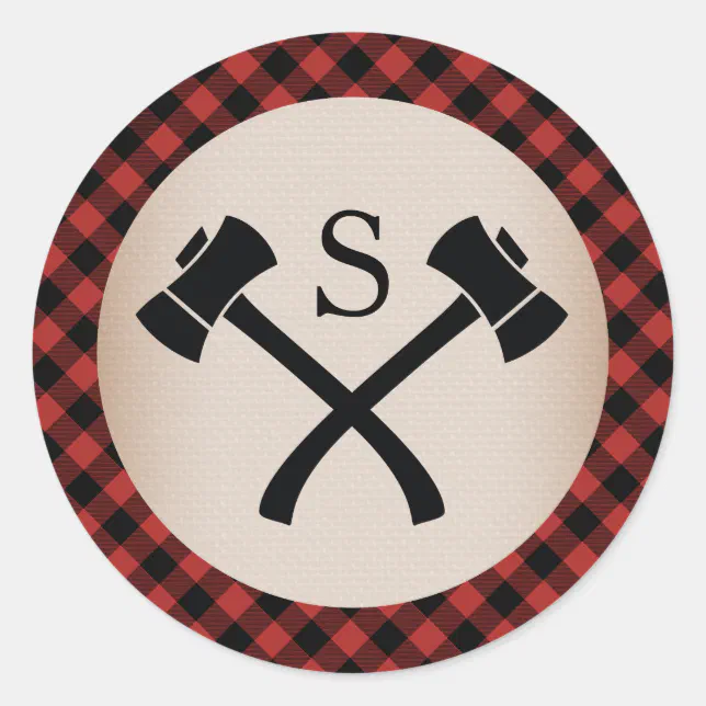 Buffalo Plaid Monogrammed Axe Wedding Classic Round Sticker | Zazzle