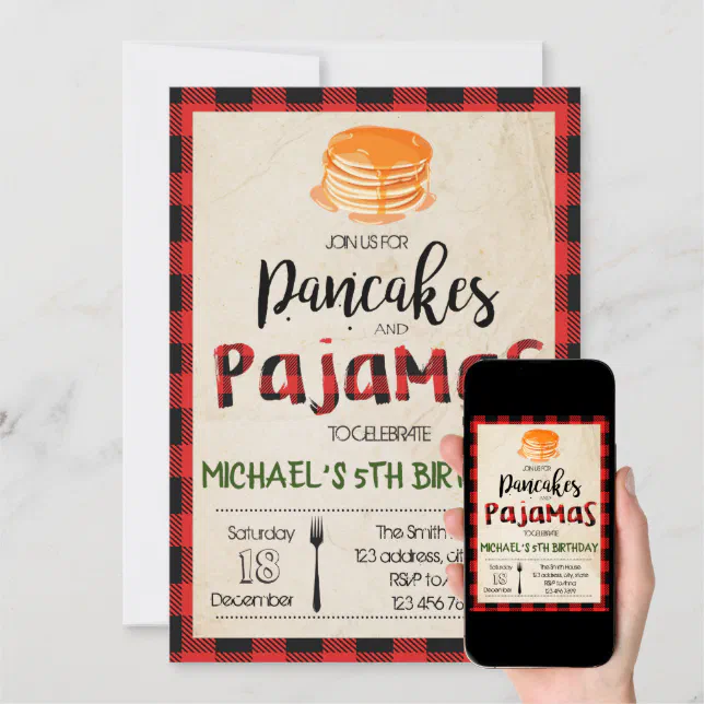Buffalo plaid pancake pjs party invitation | Zazzle