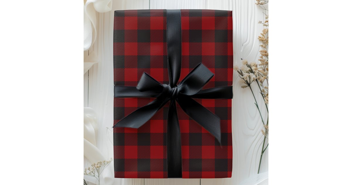 Buffalo Plaid Rustic Black and Red Check Christmas Wrapping Paper | Zazzle