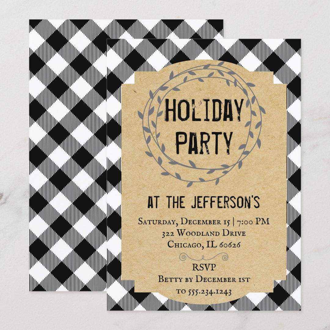 Buffalo Plaid Rustic Holiday Party Invitation | Zazzle