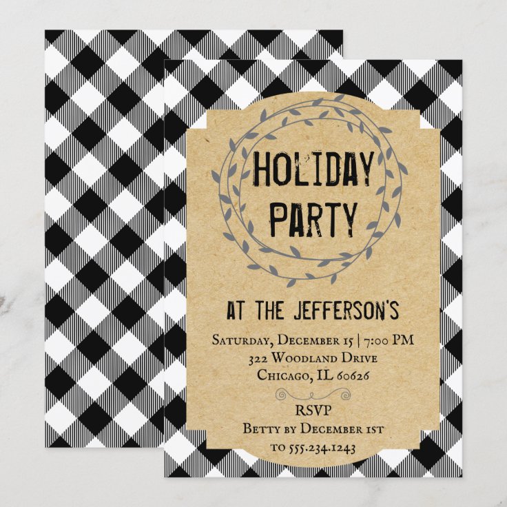 Buffalo Plaid Rustic Holiday Party Invitation | Zazzle