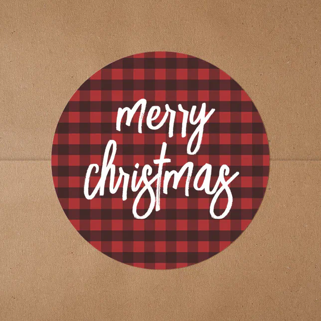 Buffalo Plaid Script Calligraphy Merry Christmas Classic Round Sticker ...