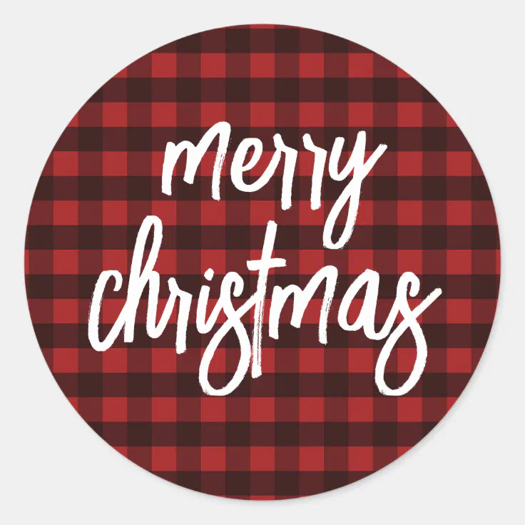 Buffalo Plaid Script Calligraphy Merry Christmas Classic Round Sticker ...