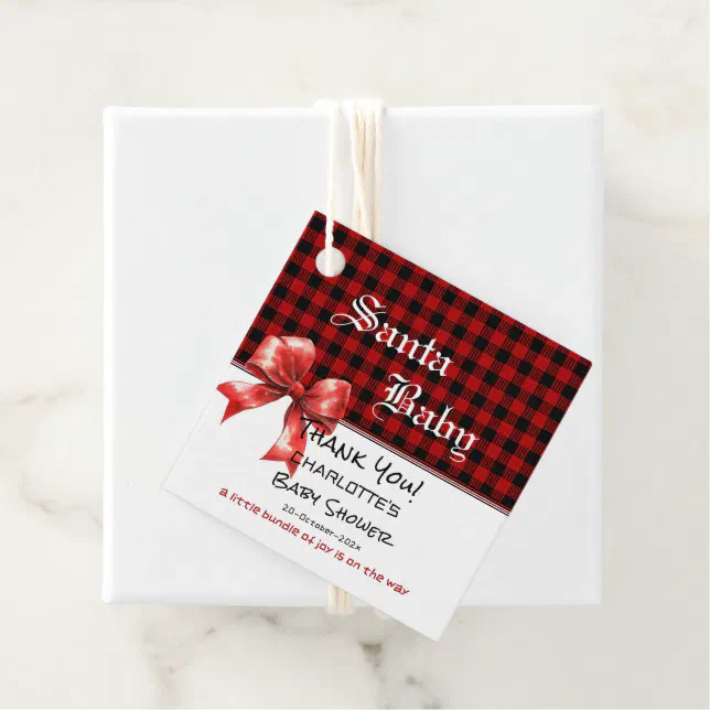 Buffalo Plaid Watercolor Red Bow Baby Shower Favor Tags | Zazzle