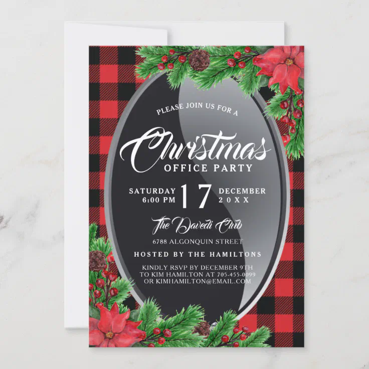 Buffalo Plaid with Poinsettia Party Invitation | Zazzle
