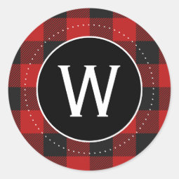 Buffalo Red and Black Plaid Monogram Classic Round Sticker | Zazzle