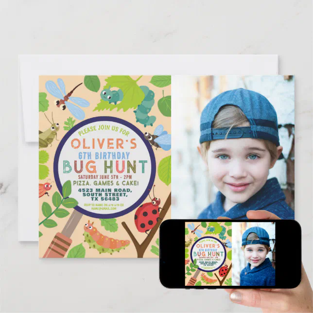 Bug Hunt Garden Insect Scavenger Birthday Photo Invitation | Zazzle