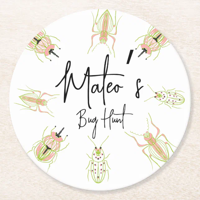 Bug Hunt Insect Birthday Hand Drawn Round Paper Coaster | Zazzle