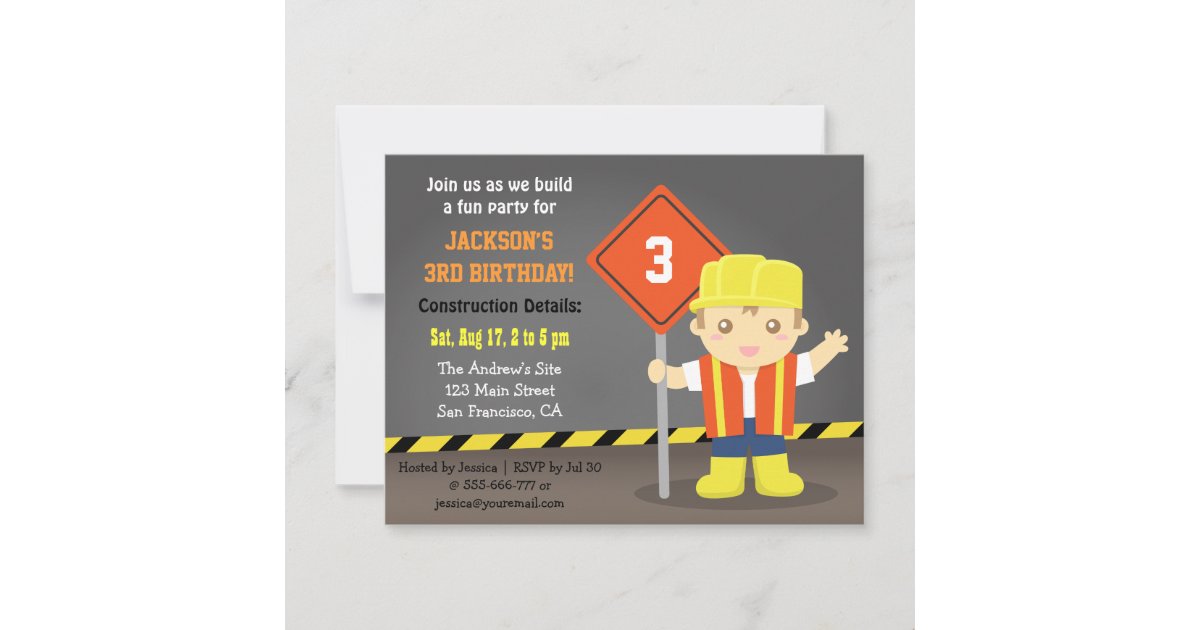 Builder Boy Construction Theme Birthday Party Invitation | Zazzle