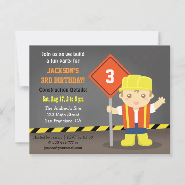 Builder Boy Construction Theme Birthday Party Invitation | Zazzle