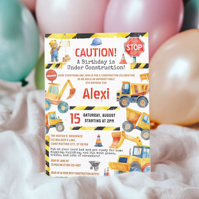 Builder Construction Zone 5th Birthday Kids party Invitation | Zazzle