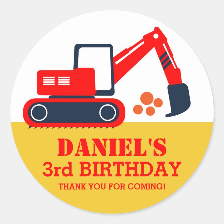 Builder Excavator Kids Birthday Party Stickers | Zazzle