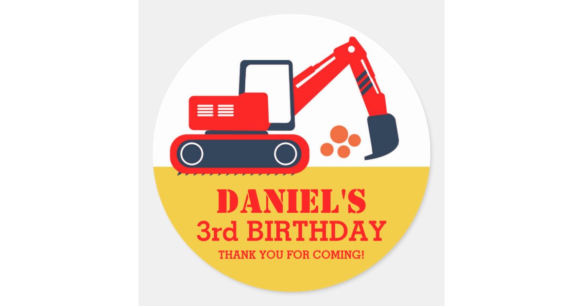 Builder Excavator Kids Birthday Party Stickers | Zazzle