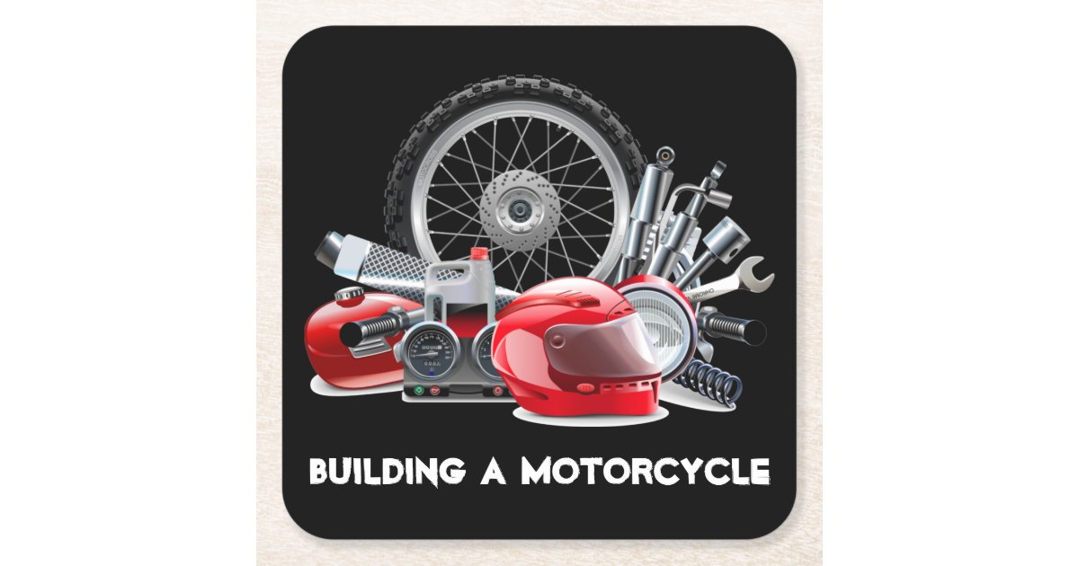 Building a Motorcycle with Parts Drawing Square Paper Coaster | Zazzle