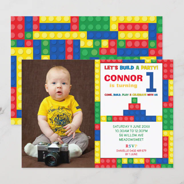 Building Block 1st Birthday Party Colorful Bricks Invitation | Zazzle