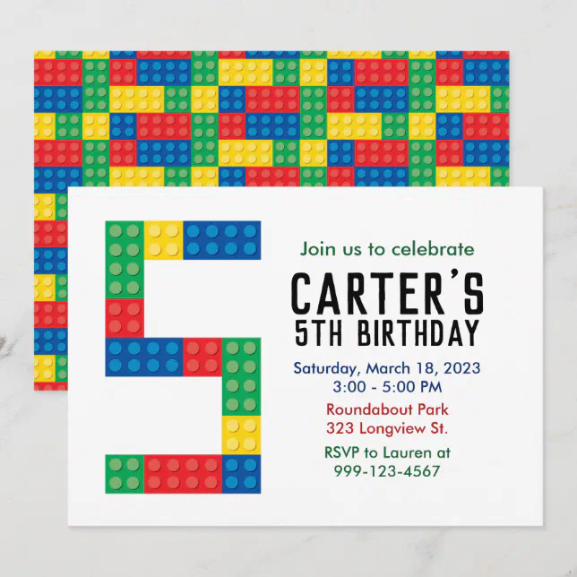 Building Block Party Invitation for 5th Party | Zazzle