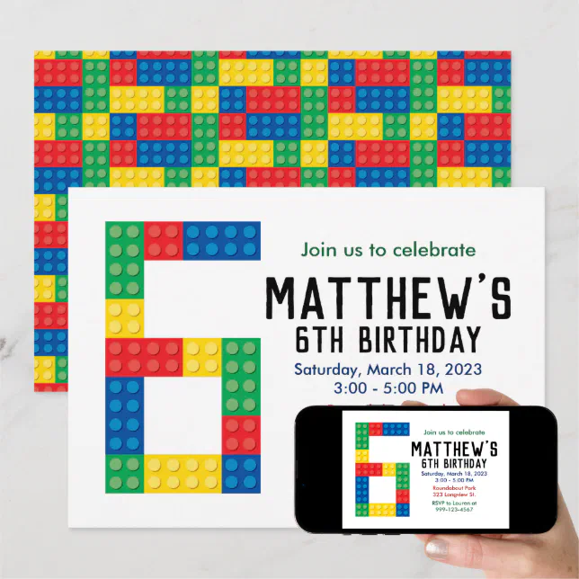 Building Block Party Invitation for 6th Party | Zazzle