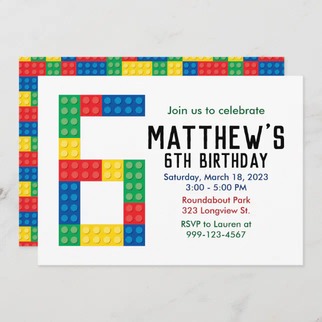 Building Block Party Invitation for 6th Party | Zazzle