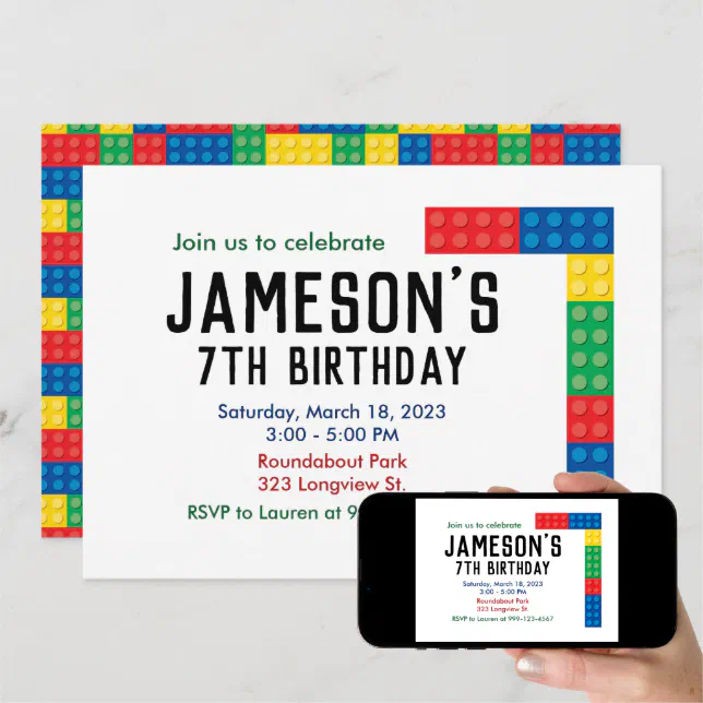 Building Block Party Invitation for 7th Party | Zazzle