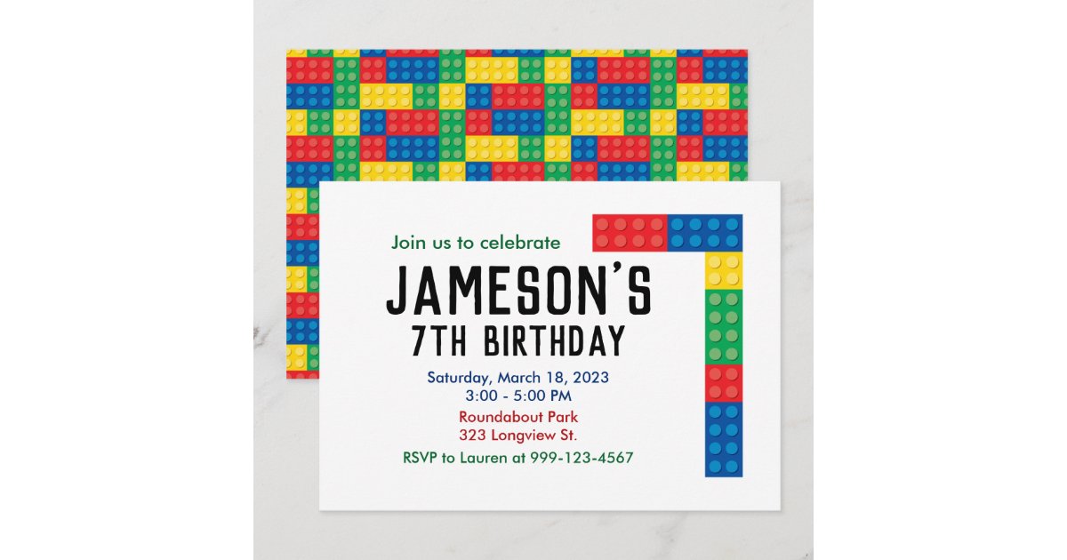 Building Block Party Invitation for 7th Party | Zazzle